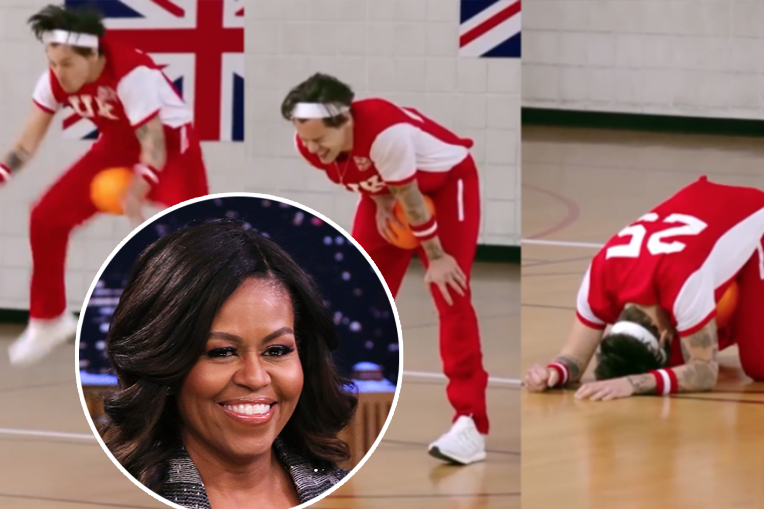 Michelle Obama hits Harry Styles nuts playing dodgeball on The Late ...